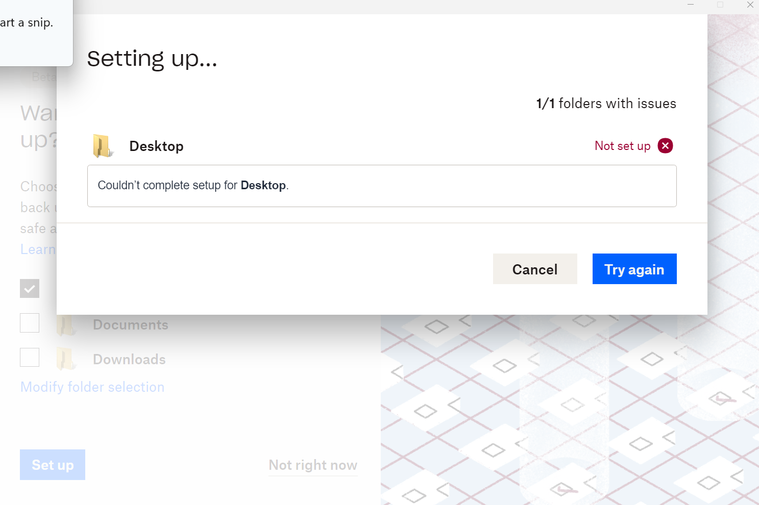 "Couldn't complete setup" error message when setting up Dropbox Backup | The Dropbox Community