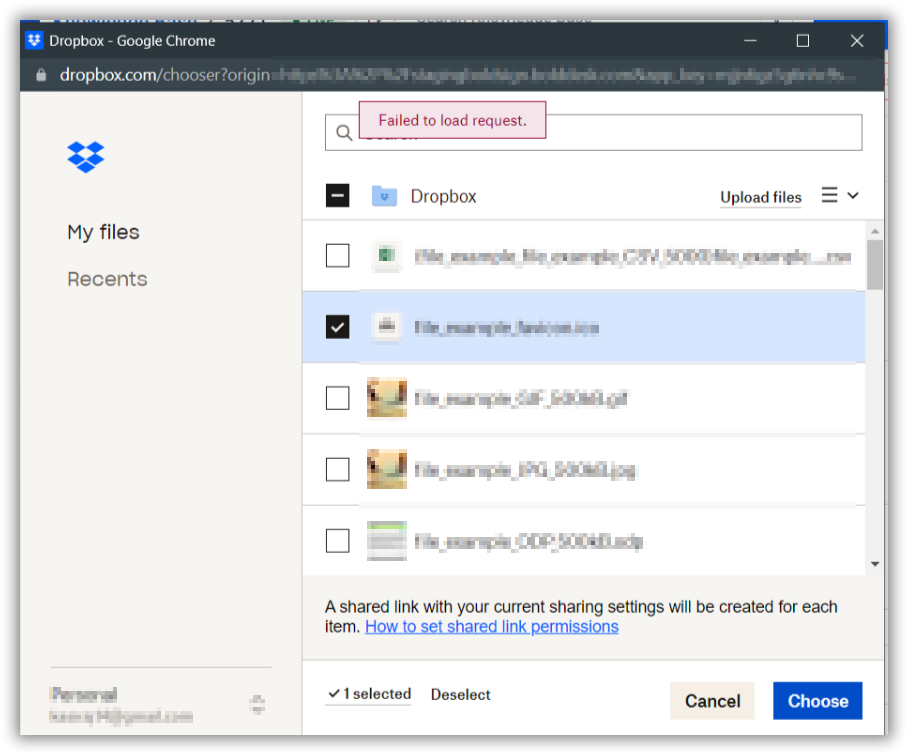 "Failed to load request" error when selecting files on the Dropbox website | The Dropbox Community