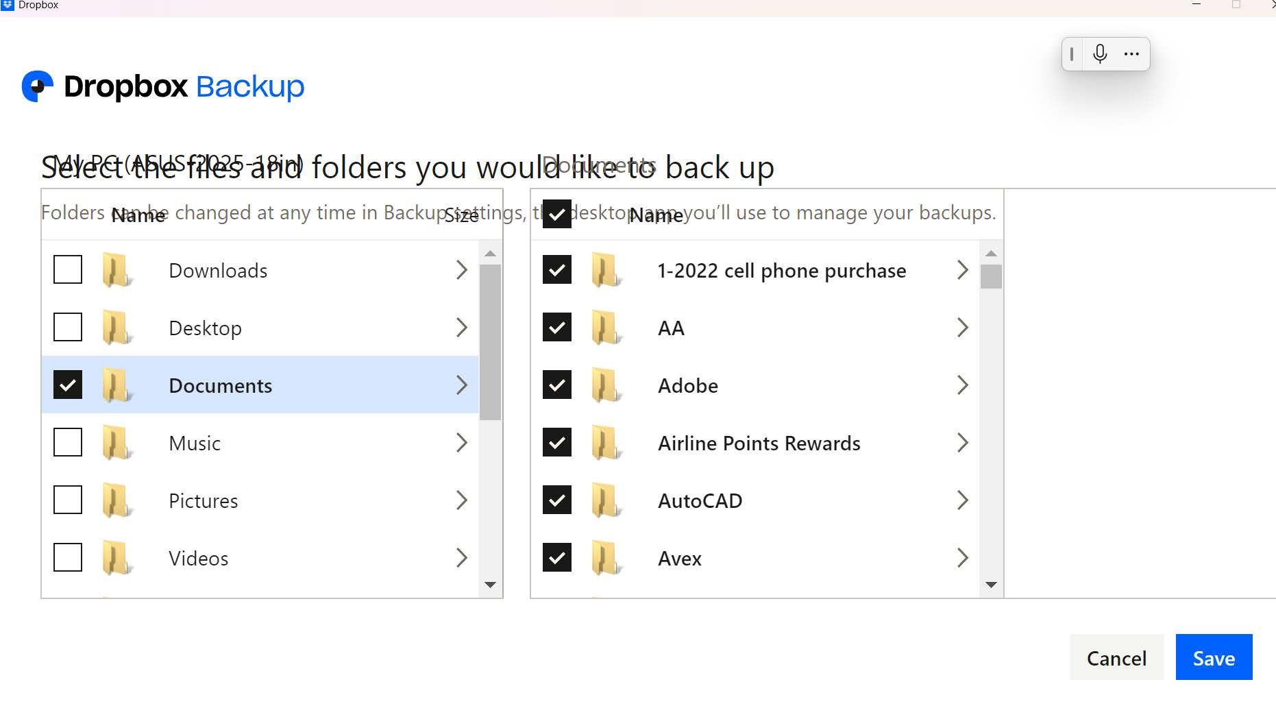 I tried using backup and got the "move documents folder back to default ...