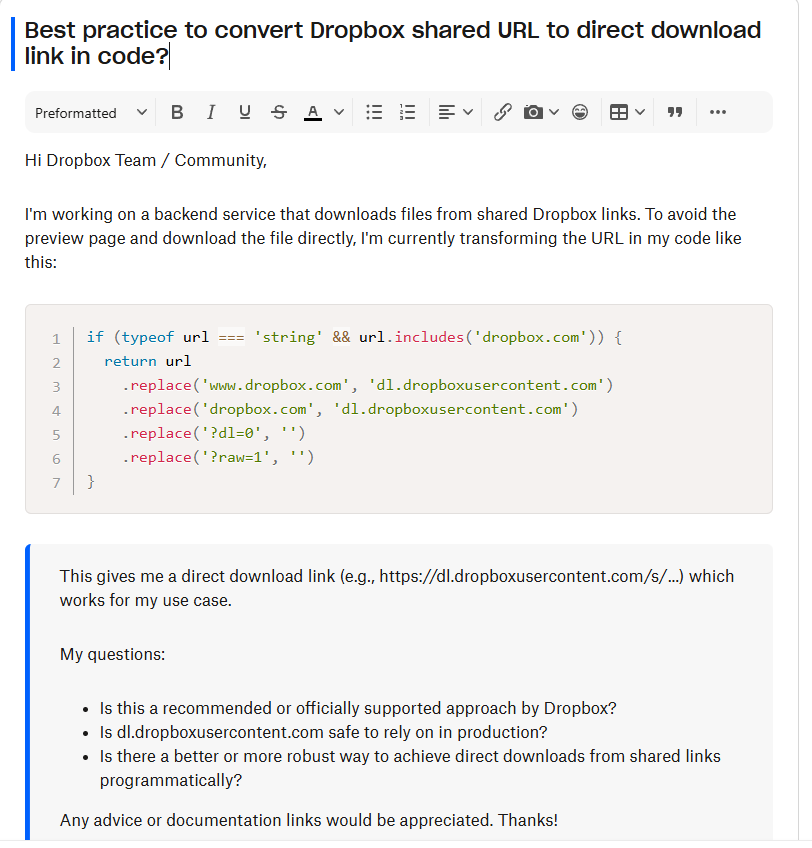 Best practice to convert Dropbox shared URL to direct download link in ...