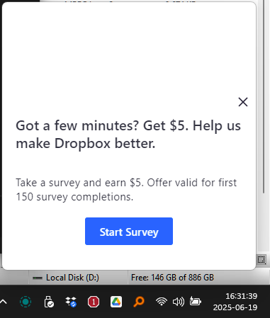 I received a Dropbox survey invitation on the desktop app, that looks ...