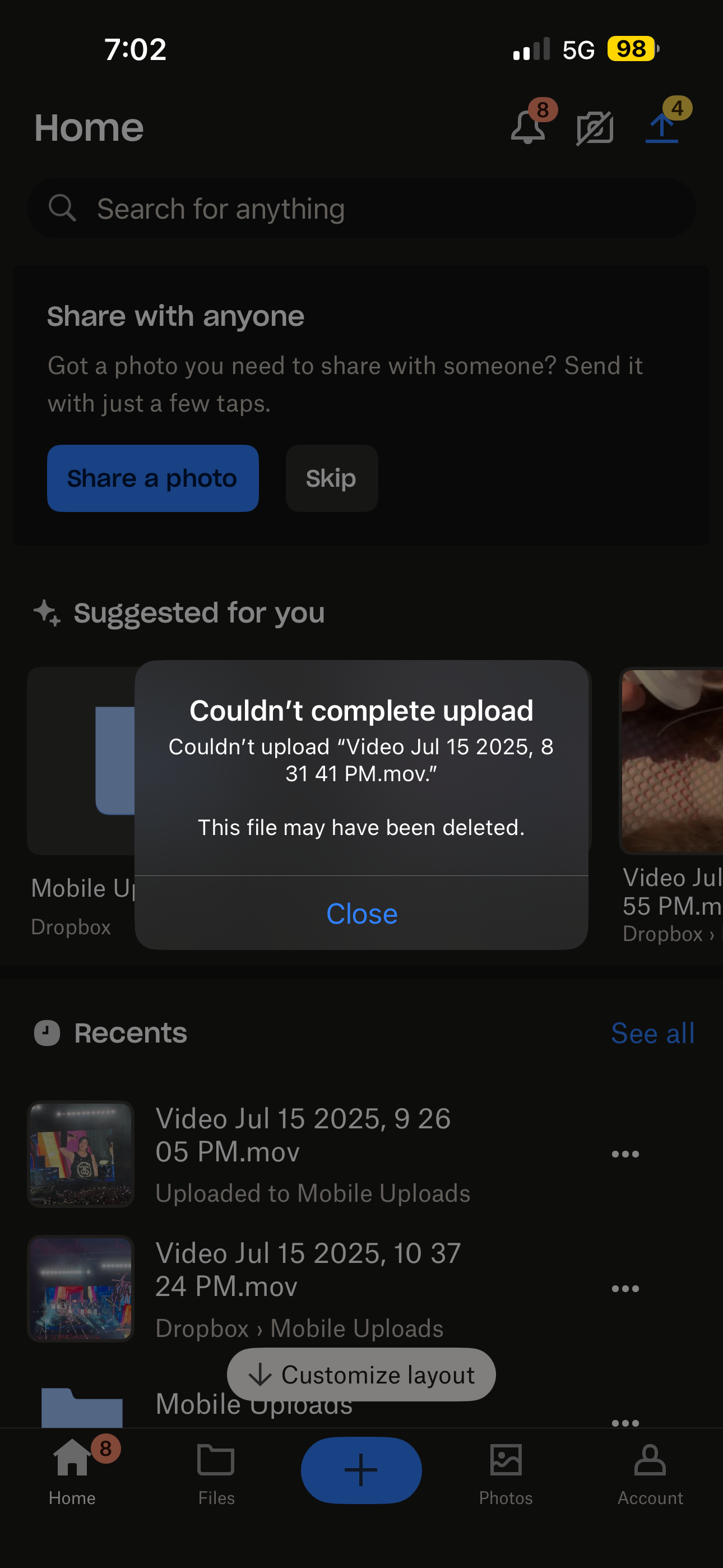 Can't upload large videos using the Dropbox iOS app | The Dropbox Community