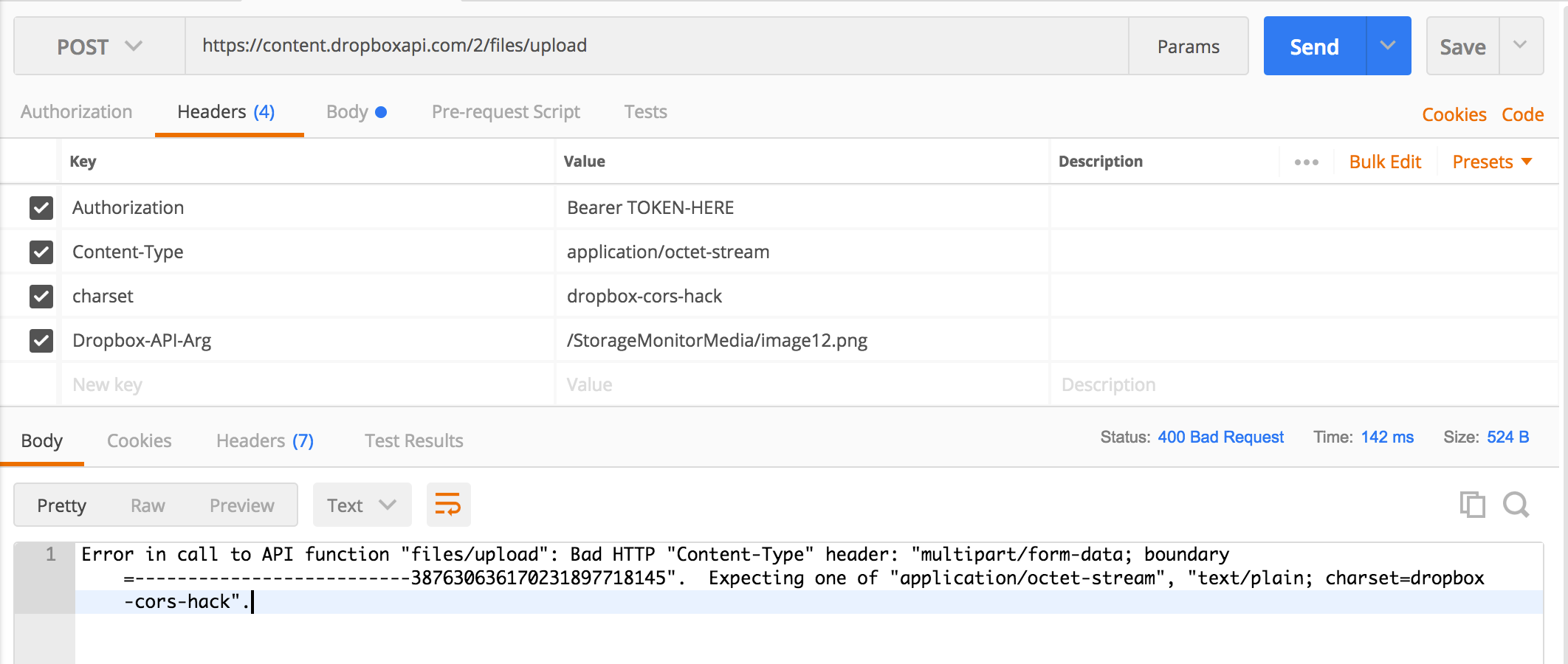 Testing the upload API via postman fails and returns error | The ...