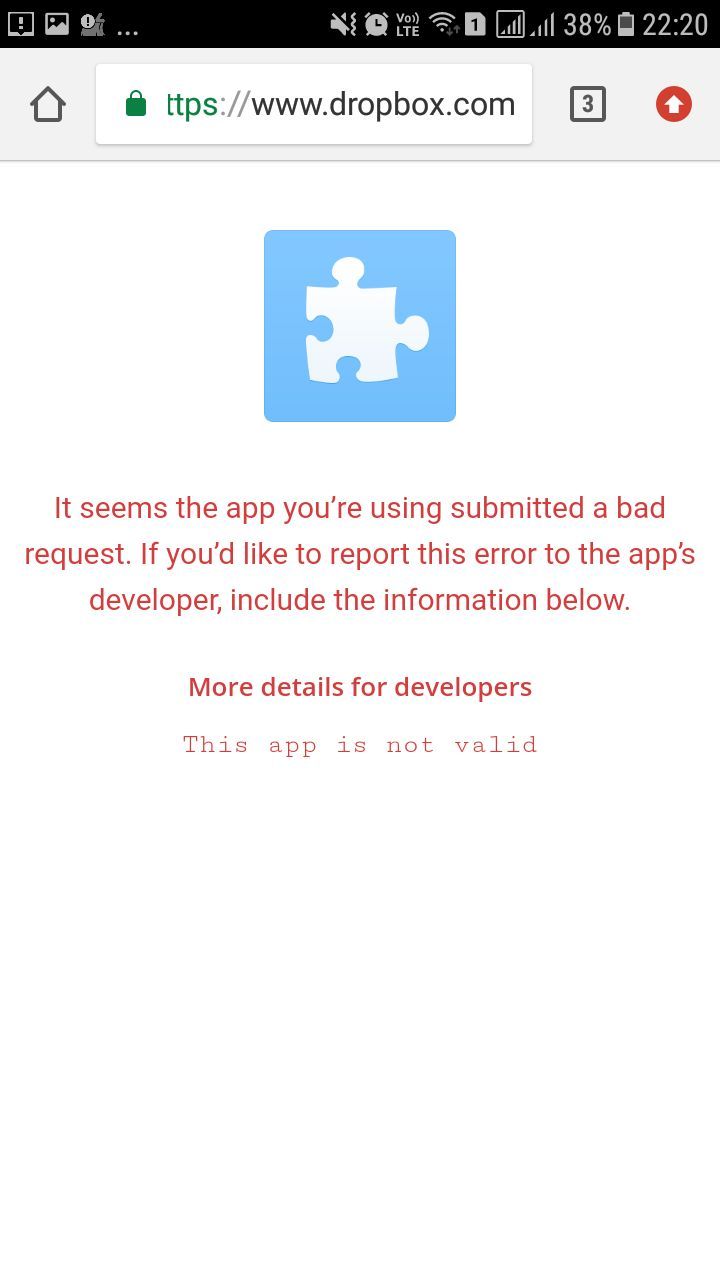 Bad request "this app is not valid" | The Dropbox Community